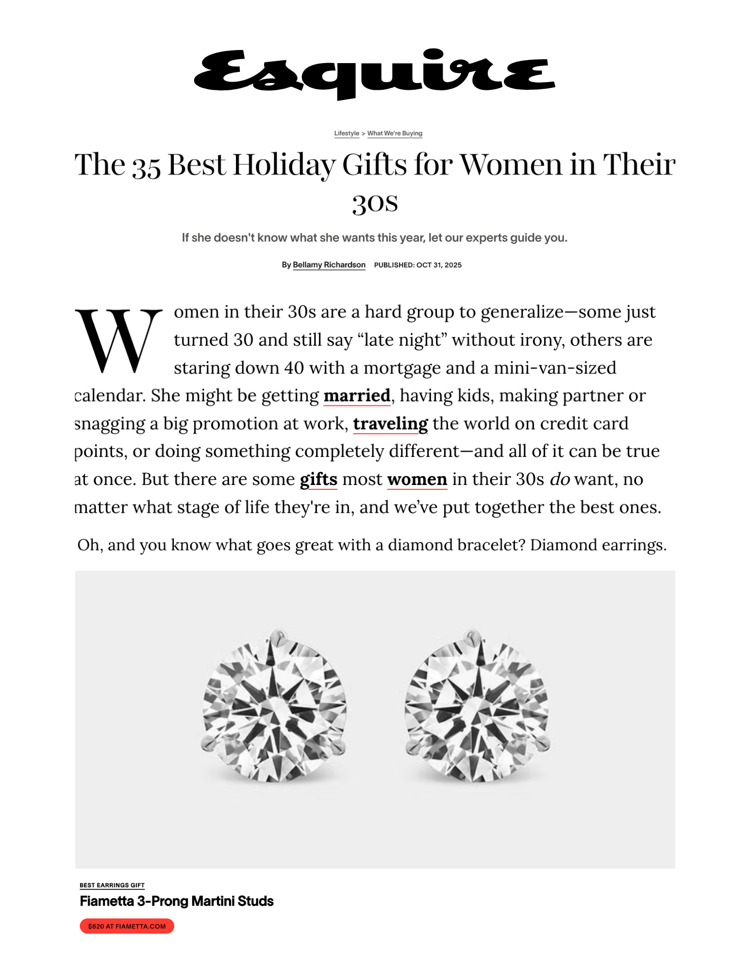 Esquire: The 35 Best Holiday Gifts for Women in Their 30s – Fiametta